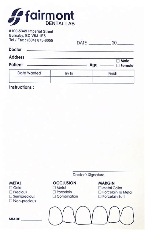 Rx Prescription Forms Fairmont Dental Lab Burnaby Vancouver Bc