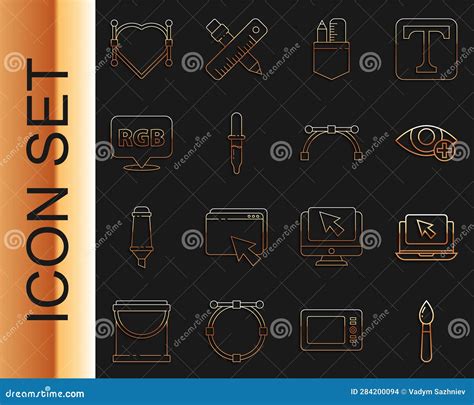 Set Line Paint Brush Laptop And Cursor Red Eye Effect Crossed Ruler Pencil Pipette Speech