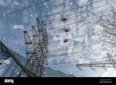 A Newly Installed High Voltage Pylon With Some Cables Connected Stock