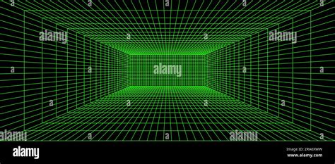 Green Neon Wireframe Grid Room 3d Background In Perspective