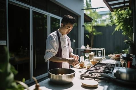 Premium Photo Male Asian Adult Cooking Outdoor Kitchen Stove Generative Ai Aig23