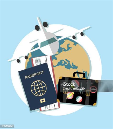 여행 및 관광 개념 펑키 스티커와 세계지도 민간 비행기 관광 및 계획 벡터 일러스트와 항공 티켓 여권 및 여행 가방 여행 개념 세계지도에 대한 스톡 벡터 아트 및 기타