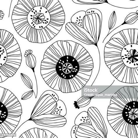 흰색 바탕에 양 귀 비와 함께 완벽 한 패턴입니다 흑인과 백인 벡터 일러스트입니다 윤곽을 그리기 꽃 배경입니다 0명에 대한 스톡 벡터 아트 및 기타 이미지 Istock