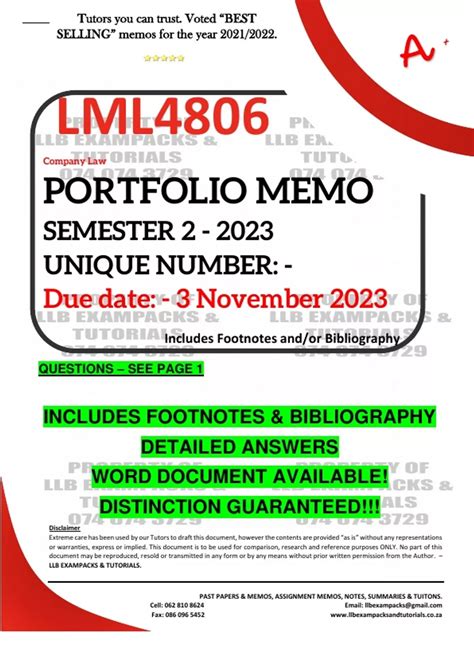 LML4806 PORTFOLIO MEMO OCT NOV 2023 SEMESTER 2 UNISA DUE 3 NOVEMBER 2023 DETAILED