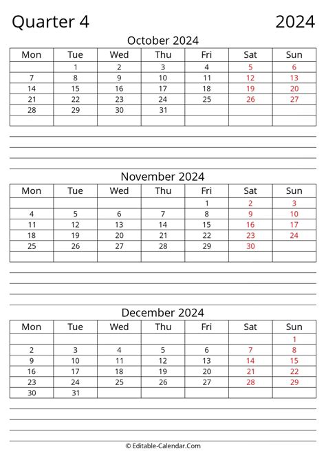 Download Quarter 4 2024 Fillable Calendar With Notes Monday Start
