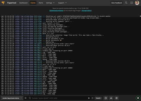 using render log streams to log to papertrail