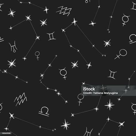 천체 공기 조디악과 천칭 자리 물병자리 어두운 배경에 쌍둥이 자리의 행성 징후의 원활한 패턴 손으로 그린 벡터 그림 종이 운세