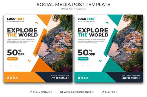 여행사 소셜 미디어 포스트 디자인 템플릿 프리미엄 벡터