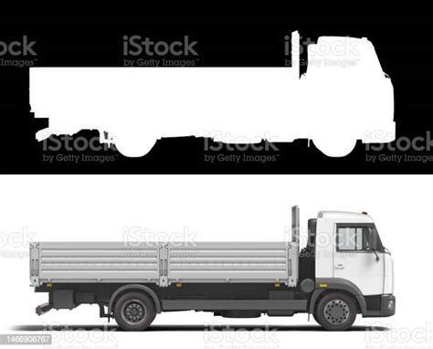 자동차 브랜딩 및 광고 측면 보기를 위해 흰색으로 격리된 흰색 평판 트럭 템플릿 알파가 있는 흰색에 3d 렌더링 3차원 형태에 대한 스톡 사진 및 기타 이미지 Istock