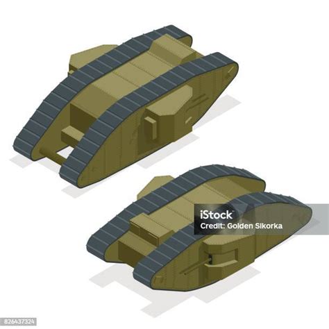마크 I 영국 무거운 탱크 동안에 첫번째 세계 대전 영국 다이아몬드 모양의 탱크 아이소메트릭 벡터 전쟁 전송 기갑된 전투 차량 일선 전투를 위한 가족의 설립자 1에 대한