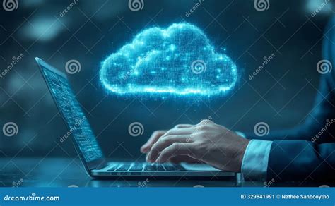 Man Typing On Laptop With Digital Cloud Icon Stock Illustration Illustration Of Remote