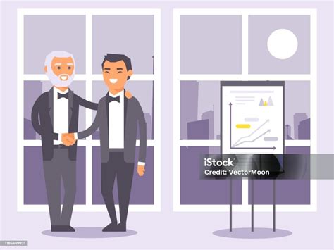 정장 블랙 정장에 플랫 사람들 사업가 악수 배너 벡터 일러스트 도시 전망창 배경에 서있는 두 남자 차트와 그래프와 프리젠 테이션