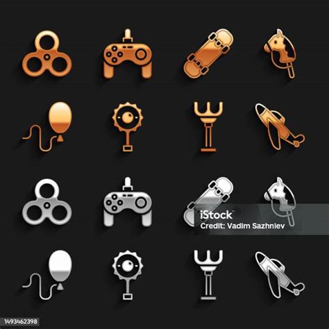 딸랑이 아기 장난감 장난감 말 비행기 갈퀴 풍선 스케이트 보드 안절부절 스피너 및 게임 패드 아이콘을 설정합니다 벡터 검은색에