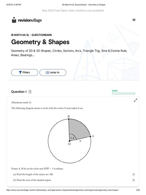 Ib Math Aa Sl Questionbank Geometry And Shapes Pdf Area Triangle