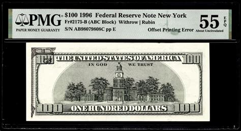 1996 100 Federal Reserve Offset Printing Error Note Pmg About Uncirculated 55epq Auction
