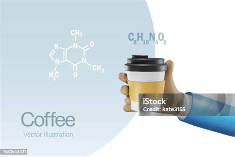 ฺี카페인 골격 공식 분자 구조가 있는 커피 테이크아웃 컵을 들고 있는 사업가의 손 사무실 아침 음료 및 화학 생물 과학 교육