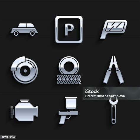 자동차 바퀴 페인트 스프레이 건 렌치 배터리 점퍼 전원 케이블 엔진 점검 캘리퍼가 있는 브레이크 디스크 거울 및 아이콘을 설정합니다 벡터 거울에 대한 스톡 벡터 아트 및