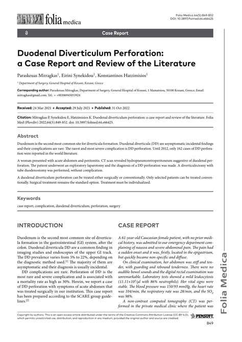 Pdf Duodenal Diverticulum Perforation A Case Report And Review Of The Literature