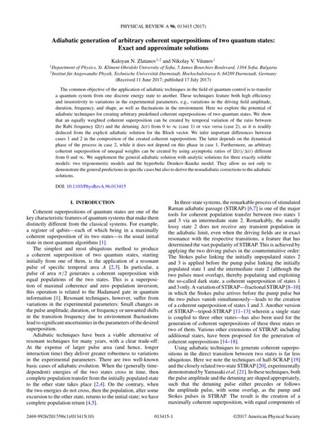 Pdf Adiabatic Generation Of Arbitrary Coherent Superpositions Of Two Quantum States Exact And