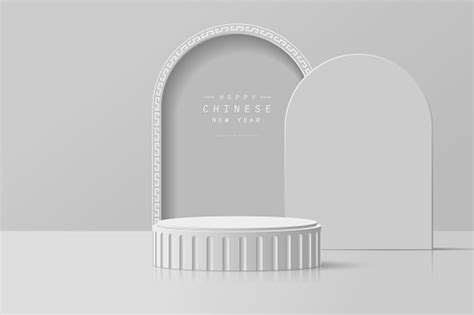 현대 회색 3d 실린더 연단 받침대는 아치 게이트 커버 중국어 패턴으로 현실적입니다 제품 모형 템플릿 프레젠테이션을 위한 최소한의 장면 승진 단계와 새해 복 많이 받으세요
