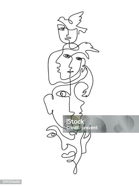 연속 핸드 드로잉 스타일 아트 사람 포트롤과 신체 부위와 흑백 추상 적 구성 직물 종이 벽 인쇄 예술 패턴 와이어 프레임의 현대 원 라인 아트 디자인 선에 대한 스톡 벡터