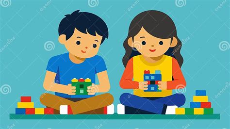 Two Siblings Sit Quietly Side By Side Each Intently Focused On Building