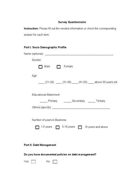 Sample Questionnaire Pdf Debt Financial Economics