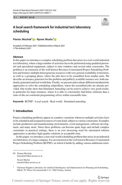 pdf a local search framework for industrial test laboratory scheduling