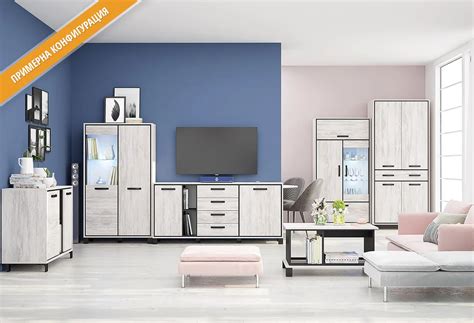 Модулна система за хол и дневна Евелин Дъб бланко Антрацит Мебели АРЕНА