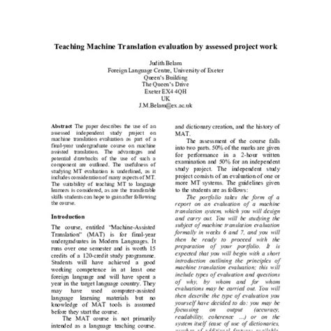 teaching machine translation evaluation by assessed project work acl