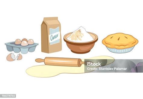 수제 베이커리 재료 롤링 핀 계란 밀가루 파이를 플래터에 넣고 반죽합니다 개체 그룹에 대한 스톡 벡터 아트 및 기타 이미지 개체 그룹 날것 달걀 Istock