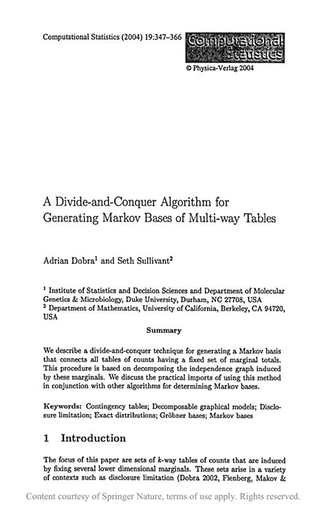 a divide and conquer algorithm for generating markov bases of multi way tables request pdf