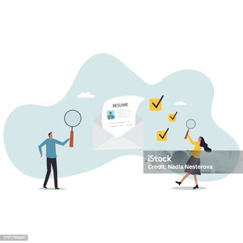 후보자 이력서 재능 검증 또는 스캔을 검토하여 공석 고용 또는 채용 Hr 인적 자원비즈니스 개념평면 캐릭터에 대한 지원자를