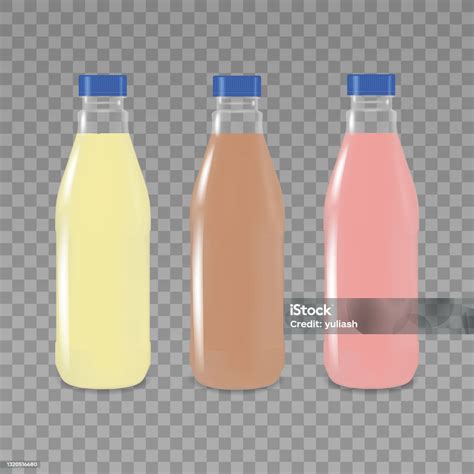 투명한 배경에 고립된 노란색 초콜릿 분홍색 음료가 있는 병 세트 벡터 3d 사실적인 모형 뚜껑이 있는 플라스틱 또는 유리 음료