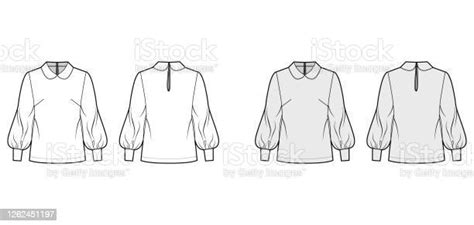 라운드 칼라 백 버튼 고정 키홀이 있는 롱 비숍 슬리브 블라우스 테크니컬 패션 일러스트레이션 0명에 대한 스톡 벡터 아트 및 기타 이미지 Istock