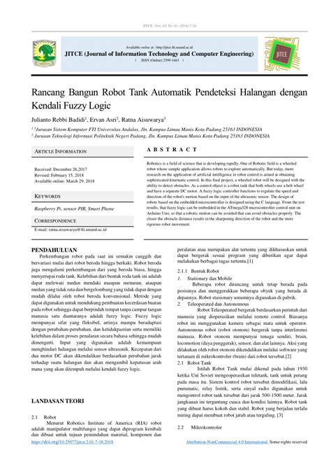 Pdf Rancang Bangun Robot Tank Automatik Pendeteksi Halangan Dengan Kendali Fuzzy Logic