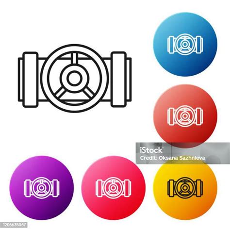 검은 선 산업 금속 파이프 및 밸브 아이콘 흰색 배경에 격리 아이콘 다채로운 원 버튼을 설정합니다 벡터 일러스트레이션 0명에 대한 스톡 벡터 아트 및 기타 이미지 Istock
