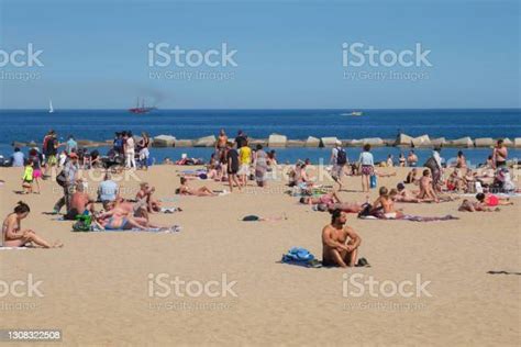 바르셀로나의 도시 해변에서 휴식과 일광욕을 하는 알 수없는 사람들 관광에 대한 스톡 사진 및 기타 이미지 관광 관광 리조트 관광객 Istock
