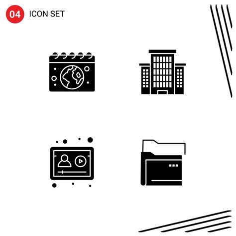 Set Of 4 Vector Solid Glyphs On Grid For Earth Profile Day Office Data