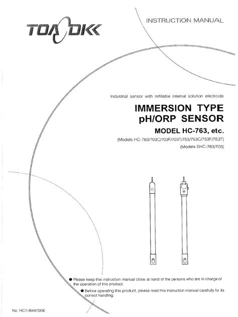 Toa Dkk Immersion Type Ph Orp Sensor Model Hc 763 Etc Pdf