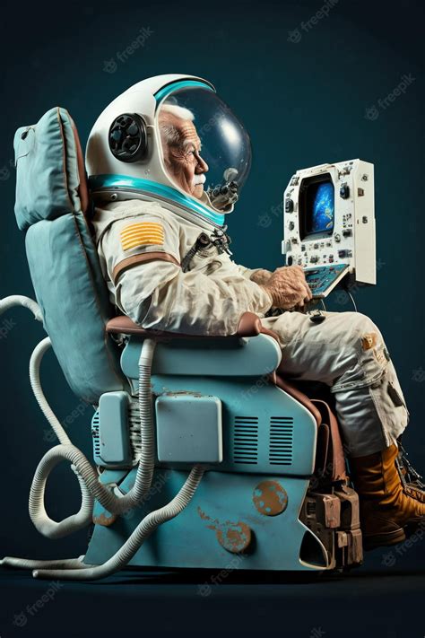 Premium Photo A Man In Spacesuit Sitting Chair With Laptop Generative Ai