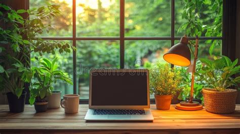 Cozy Home Office Setup With Laptop And Indoor Plants Near Sunlit Window Stock Illustration