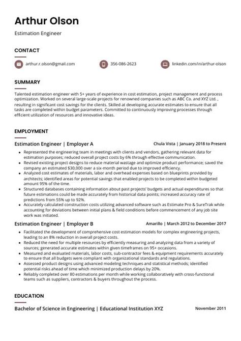 Estimation Engineer Resume Cv Example And Writing Guide
