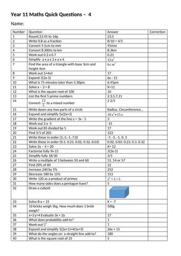 Foundation Maths Revision 100 Quick Questions Set 1 Day 4 Teaching