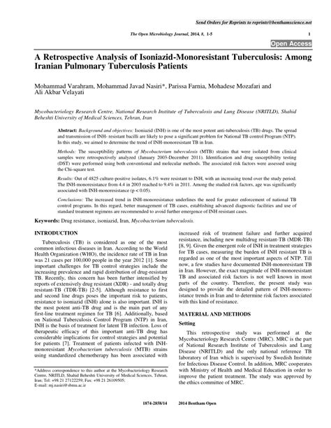 Pdf A Retrospective Analysis Of Isoniazid Monoresistant Tuberculosis Among Iranian Pulmonary
