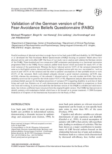 Pdf Validation Of The German Version Of The Fear Avoidance Beliefs Questionnaire Fabq
