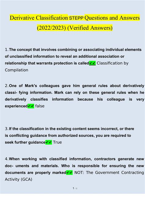Derivative Classification Stepp Questions And Answers 20222023