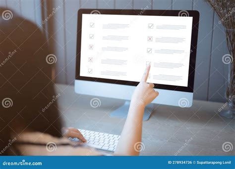Woman Passing Online Exam Questionnaire Online With Checkboxes Evaluation Online Survey