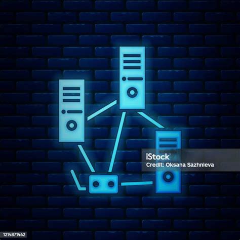 벽돌 벽 배경에 격리 빛나는 네온 컴퓨터 네트워크 아이콘 랩톱 네트워크 인터넷 연결 벡터 일러스트레이션 0명에 대한 스톡 벡터 아트 및 기타 이미지 Istock