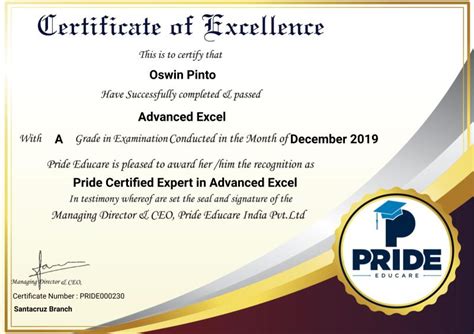 Advancedexcel Pride Certificate Learning Upskilling Oswin Pinto